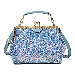 Lanpet Women Vintage Handbag Sequin Crossbody Shoulder Bag Kiss Lock PU Leather Messenger Tote Bag