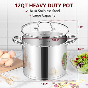 Herogo 12-Quart 18/10 Stainless Steel Stock Pot with Lid, Large Heavy Duty Soup Pot Compatible with Electric, Gas, Induction and Gas Cooktops, Dishwasher Safe