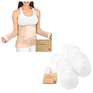 KeaBabies 3 in 1 Postpartum Belly Support Recovery Wrap and Organic Bamboo 3-Layers Nursing Breast Pads - Postpartum Belly Band - 14 Washable Pads + Wash Bag - After Birth Brace - Breastfeeding Pad
