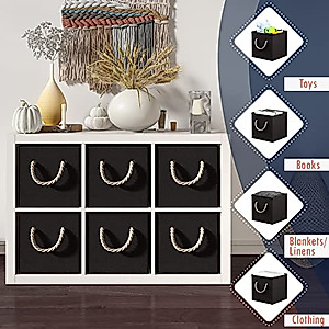 Ornavo Home Foldable Collapsible Storage Box Bins Linen Fabric Shelf Basket Cube Organizer with Rope Handles - Set of 6-13 x 13 x 13 - Black