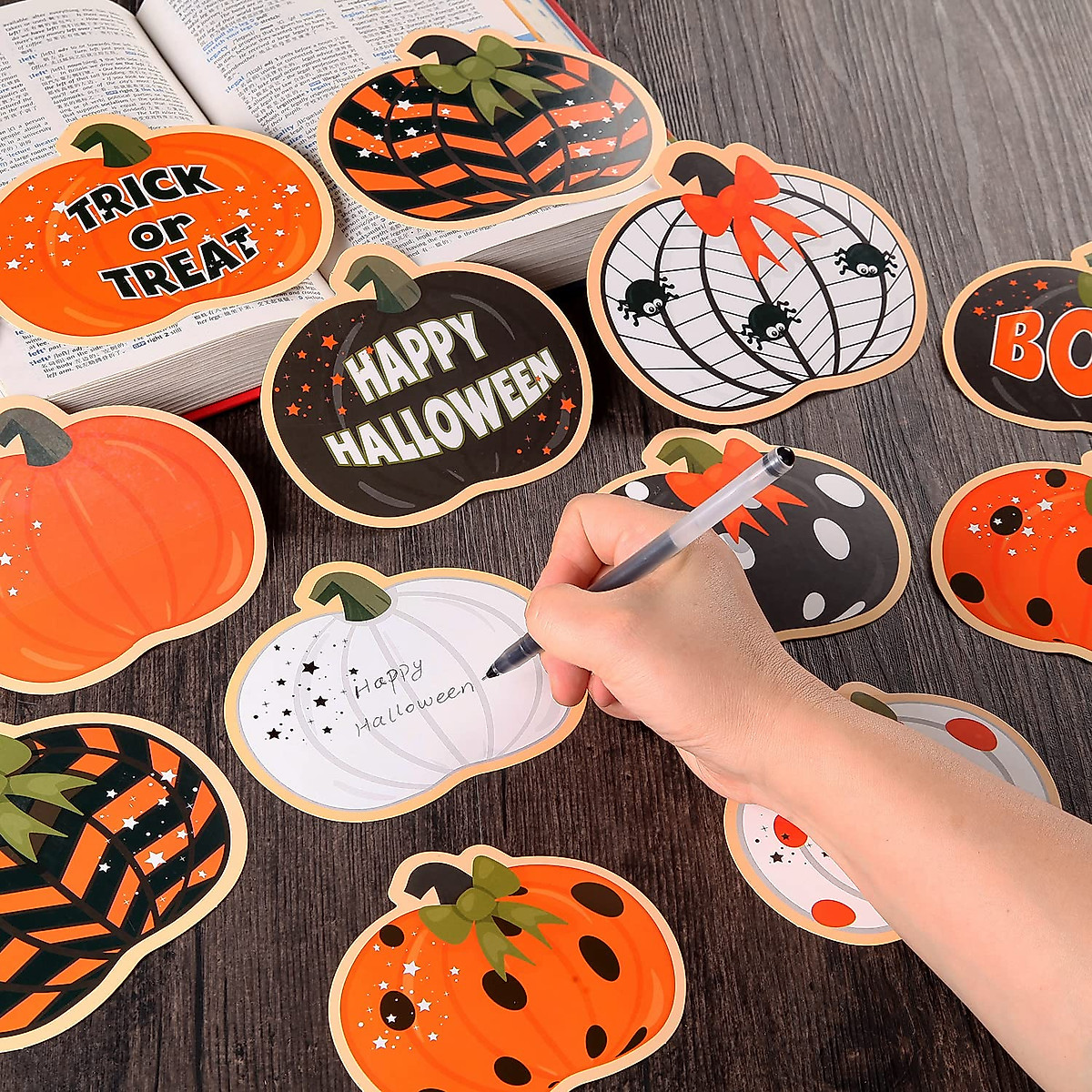 Quera 120Pcs Pumpkin Classroom Bulletin Board Decorations Halloween Cutouts Farmhouse Accents with Glue Point Dots for Halloween Fall Home Decoration Happy Halloween, Boo, Trick Or Treat,Spider