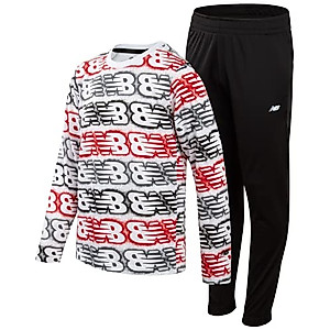 New Balance Boys' Jogger Set - 2 Piece Long Sleeve T-Shirt and Tricot Sweatpants (8-12), Size 10, White/Black