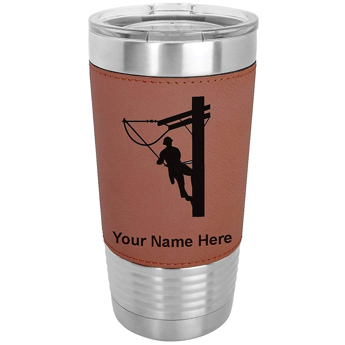 LaserGram 20oz Vacuum Insulated Tumbler Mug, Lineman, Personalized Engraving Included (Faux Leather, Dark Brown)