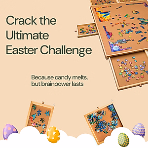 PlayVibe 1500 Piece Rotating Puzzle Board with Drawers and Cover - Sturdy Jigsaw Puzzle Table with 6 Drawers 26" x 35" - Portable Puzzles Boards with Lazy Susan, Wooden, Spinning Puzzles Accessories