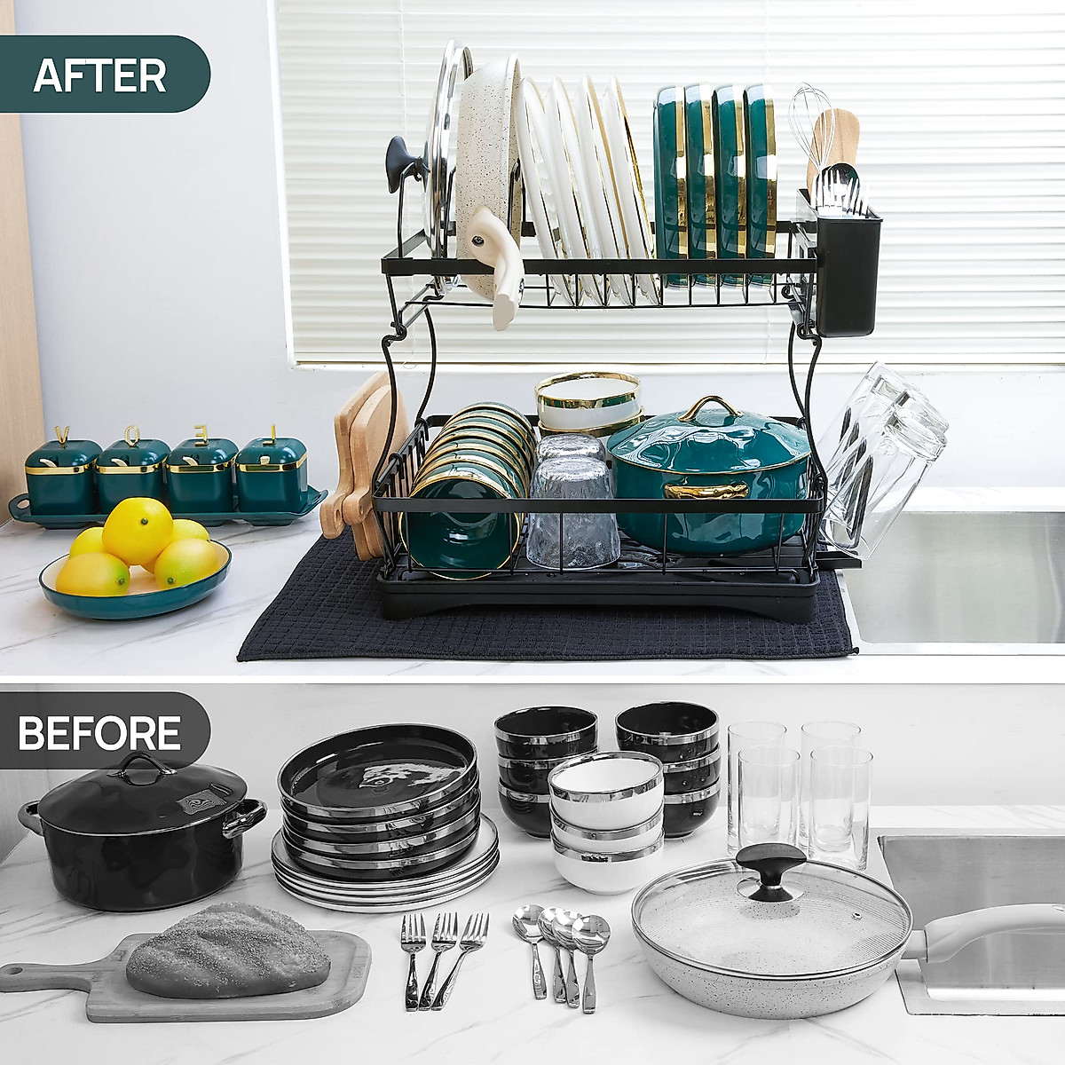 YIHONG Kitchen Large Dish Drying Rack with Drainboard, 2 Tier Dish Racks for Kitchen Counter, Dish Drainer Set with Utensils Holder, Dish Strainers with Extra Drying Mat for Pots and Pans