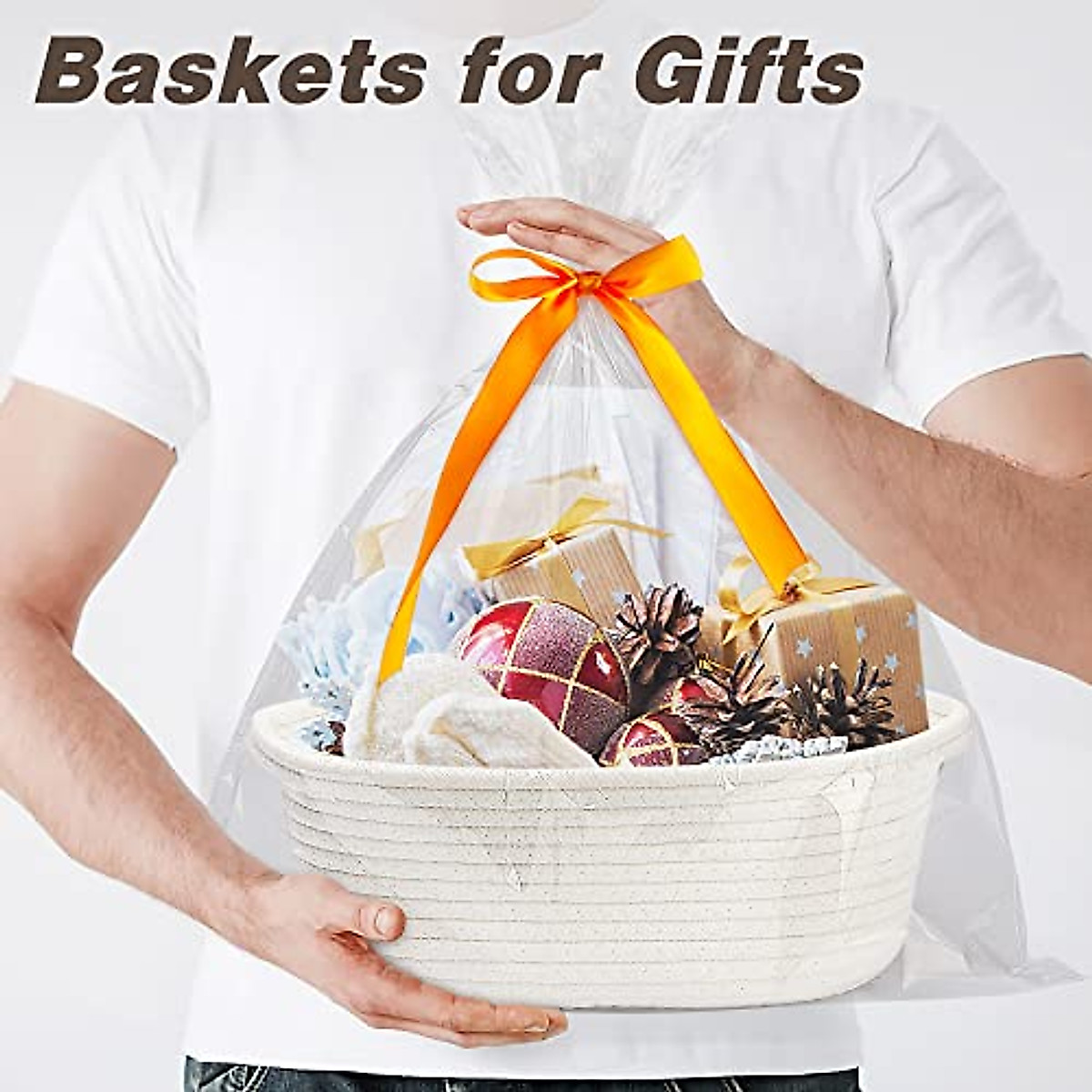Pro Goleem Small Woven Basket with Gift Bags and Ribbons Durable Baskets for Gifts Empty Small Rope Basket for Storage 12"X 8" X 5" Baby Toy Basket with Handles,White