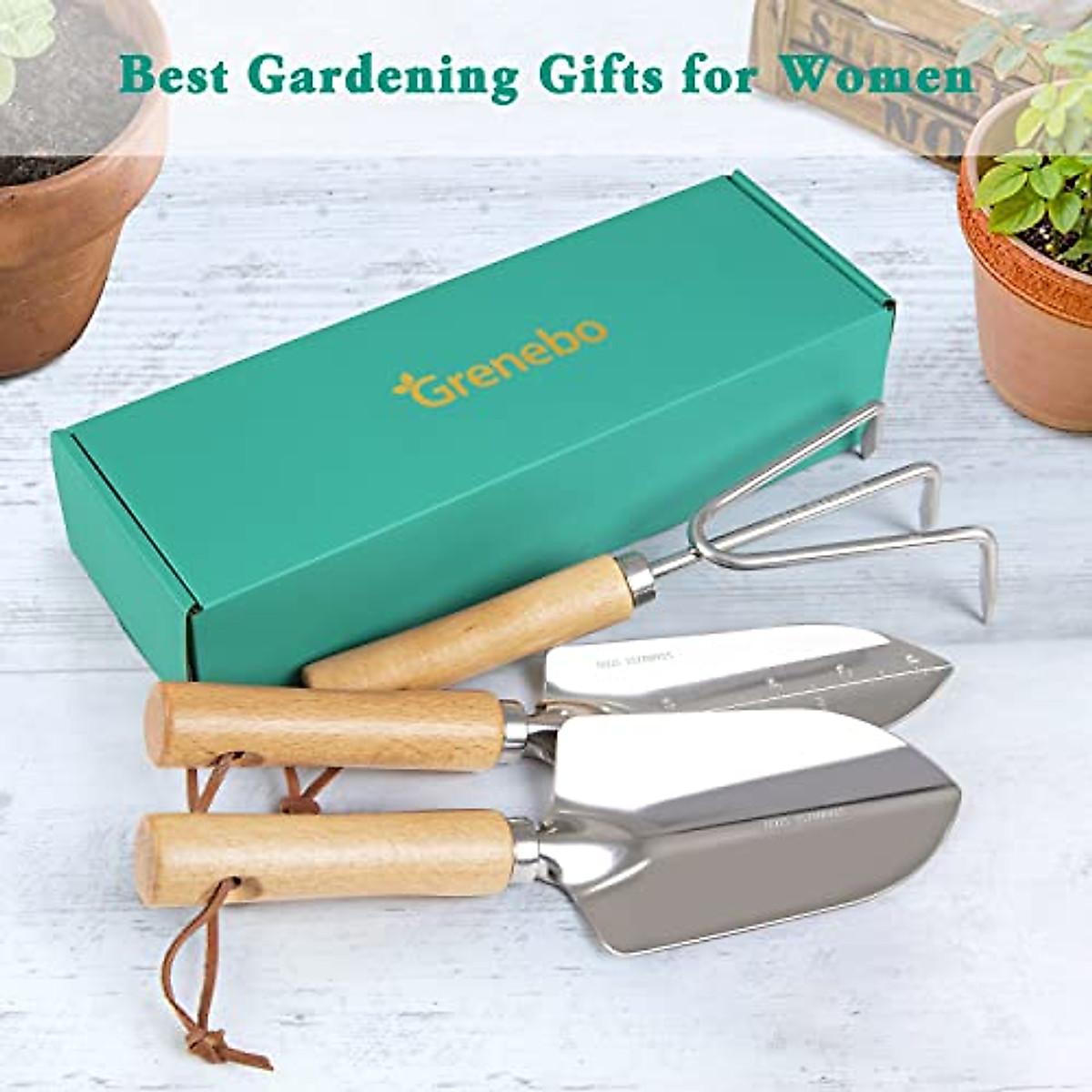 Grenebo Stainless Steel Garden Tools,3 Pieces Gardening Tools with Wood Handle,Rust-Proof Gardening Kit Garden Shovel Garden Rake Garden Trowel,Ideal Gardening Gifts for Women