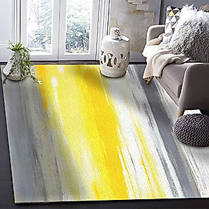 Abstract Yellow Grey Pattern Filling Area Rug 3'x5' Kitchen Rugs Non Skid Washable Baby Carpet, White Shabby Pattern Absorbent Hallway Runner Rug for Living Room/Bathroom/Bedroom