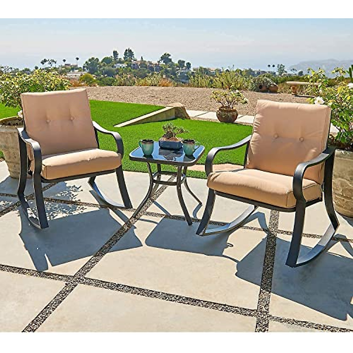 SUNCROWN Outdoor 3-Piece Rocking Chairs Patio Bistro Set Black Steel Furniture with Thickened Cushion and Glass-Top Coffee Table, Brown