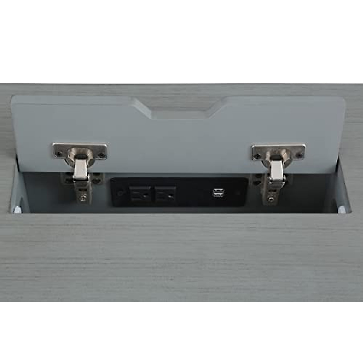 OSP Home Furnishings Country Meadows L-Shape Desk with 2 Full Drawers and Power Hub, Plantation Grey