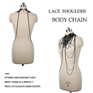 Aiosy Gothic Black Body Chain Sexy Lace Shoulder Necklace Chain Layered Rhinestone Bra Chain Rave Prom Costume Party Body Jewelry for Women