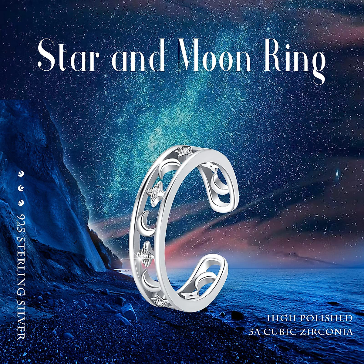 TUGHRA Moon Star Rings Dainty CZ Ring Gift for Her 925 Sterling Silver Open Adjustable Statement Rings Jewelry Gift for Women Teen Wife Birthday Present 8#