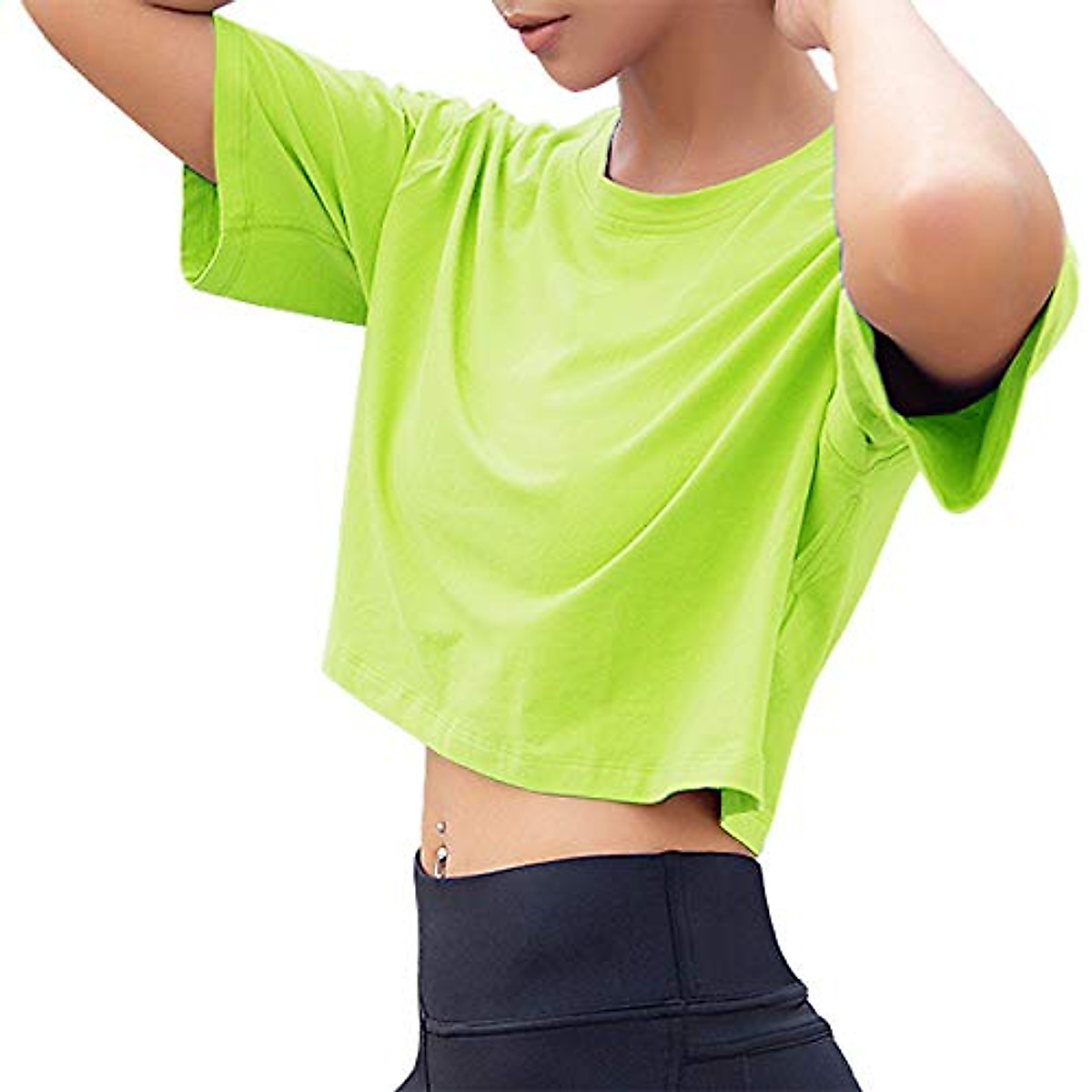 Artfish Women Short Sleeve Crewneck Comfy Loose Crop Top Teen T-Shirt Workout Neon Lime, S
