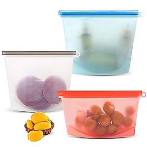 FTCIRA Reusable Silicone Bags for Food Storage, Reusable ziploc Bags,100% Food Grade Silicone,LEAKPROOF, AIRTIGHT |Lunch, Travel, Makeup, Gym Bag | Freezer, Oven, Microwave, Dishwasher Safe(3 Pack, 3 Sizes,Multi )
