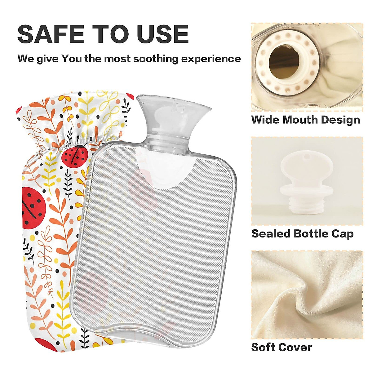 Ladybug Hot Water Bottle with Cover 1L Small Hot Water Bag for Pain Relief Cramps BAP Free
