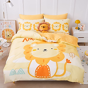 SAPHREAS Lion Kids Duvet Cover Set Twin Size 4pcs with Fitted Sheet Yellow Cute Animal Cartoon Pattern Comforter Cover Set 100% Cotton Quilt Cover 1pc Fitted Sheet 1pc Pillow Shams 2pcs(No Comforter)