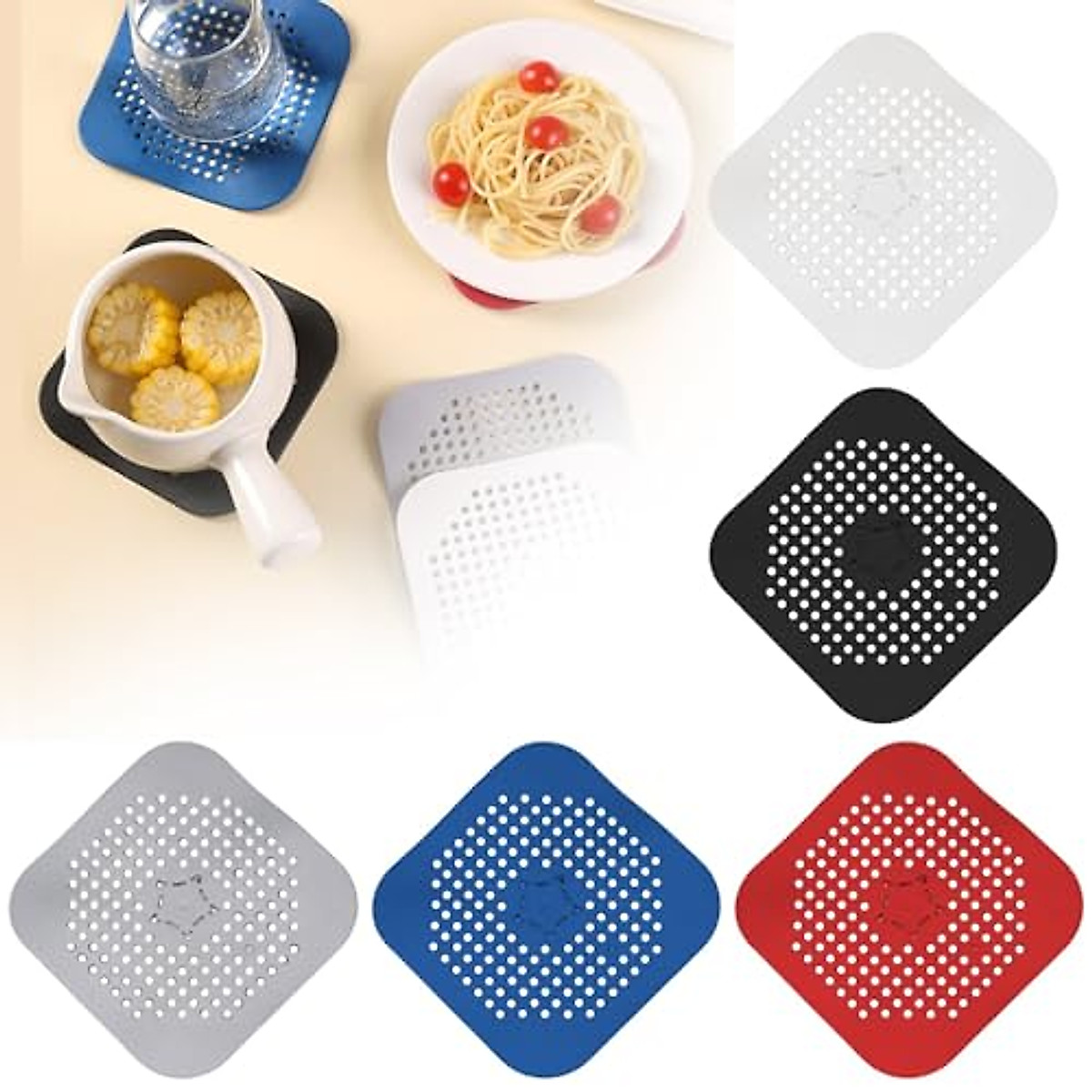 Square Hair Drain Catcher Silicone Hair Stopper with Suction Cup for Shower Filter for Bathroom Bathtub Kitchen (Red)