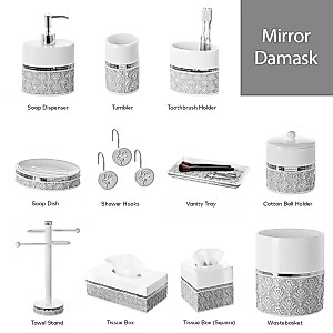 Creative Scents Bathroom Trash Can - Decorative Waste Basket for Bathroom - Durable Bathroom Wastebasket - Waste Bin for Bathroom, Powder Room Or Bedroom Mirror Damask Style (White and Gray)
