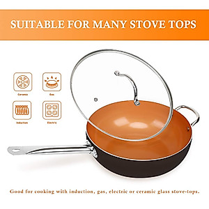 SHINEURI 12 Inch Copper Wok Pan and Stir Fry Pan with Lid, Nonstick Copper Wok Pan, Ceramic Copper Pan, Nonstick Copper Fry Pan, Ceramic Wok with Lid, Copper Skillet with Lid, Induction Compatible