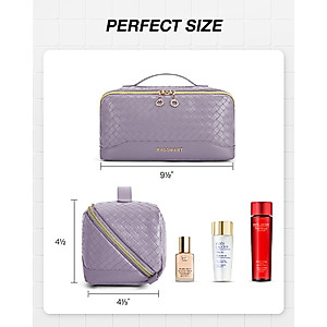 BAGSMART Makeup Bag, Travel Cosmetic Bag Organizer, PU Leather Water-Resistant Pouch, Open Flat Makeup Storage for Toiletries, Brushes, PU Leather Purple