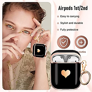 Maxjoy Compatible with Airpods Case,for Airpods 2nd Generation Case Cute Electroplating with Gold Heart Pattern with Lanyard Shockproof Cover for Girls Woman Airpods 2 &1-Black