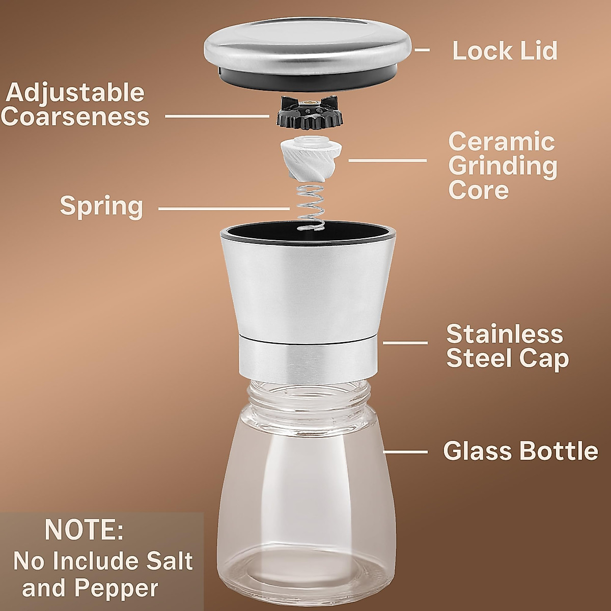 Stainless Steel Salt and Pepper Grinder Set of 2 - Pepper Mill & Salt Mill with Adjustable Coarseness - Glass Spice Shakers - Easy Clean Ceramic Grinders W/Funnel