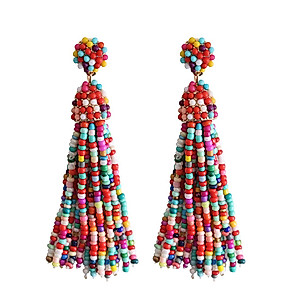 NLCAC Women's Beaded tassel alloy earrings Long Fringe Drop Earrings Dangle Confetti