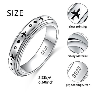 Airplane Spinner Ring for Women Men 925 Sterling Silver Airplane Fidget Rings for Anxiety Stress Relieving ADHD Autism Rings Inspirational Boho Band Ring (7)