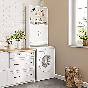 Topeakmart Over The Toilet Storage with 2 Doors & Adjustable Shelf, Free Standing Toilet Rack, Home Space-Saving Furniture with 2 Upper Open Compartments, L25xW8xH77 Inches, White