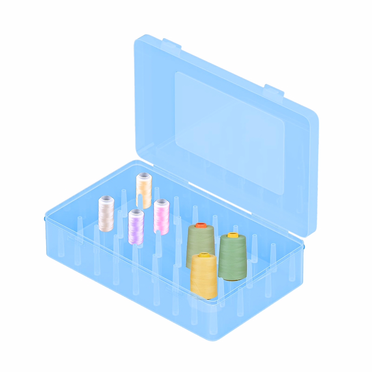 42 Slot Sewing Thread Blue Storage Box Bobbin Needle Spool Holder Organizer Embroidery Household DIY Sewing Accessories, Contain 2 Size Spool 30 pcs 0.5(D) x 2.4(H) in + 12 pcs 1(D) x 2.4(H) in