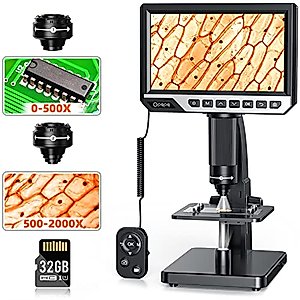 LCD Digital Microscope - 2000X Biological Microscope with Digital&Microbial Lens - Opqpq Electronic Microscope with 7'' IPS Display, 10 LED Lights, 12MP Camera, Windows/Mac OS Compatible