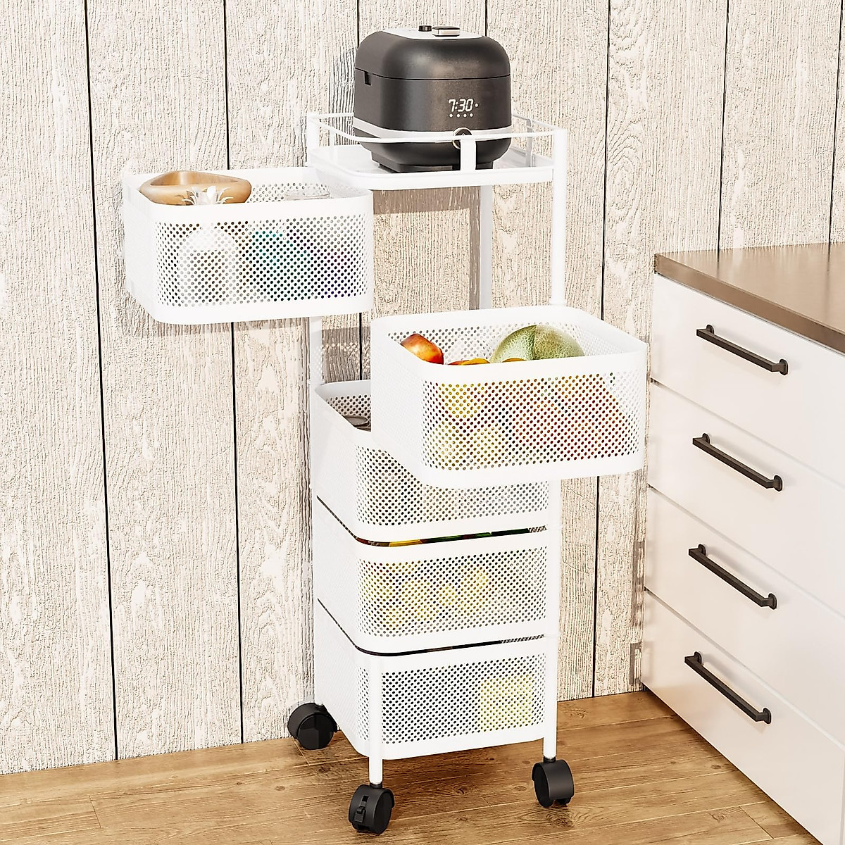 loyliawa Fruit Basket for Kitchen, Rotating Storage Rack for Kitchen, 4/5 Tier Square Rotating Basket with 360 Degree Wheels, Fruit Vegetable Metal Wire Shelf with Top Lid for Kitch White 5-Layers