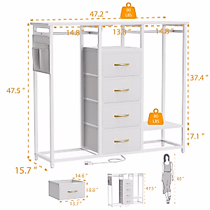 Dresser for Bedroom with 2 Clothes Racks,4 Drawer Dresser with Led Light and Charging Station,Wardrobe Dresser with Clothes Storage Chest Hanging Rack,Closet Dresser with Side Pocket and Hooks,White