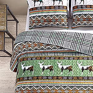Mocaletto Boho Quilts Queen Size,Reversible Rustic Deer Lodge Cabin Quilt Set,Patchwork Green Bedding Set with Pillow Shams,Bohemian Stripes Bedspread,Lightweight Microfiber Coverlet