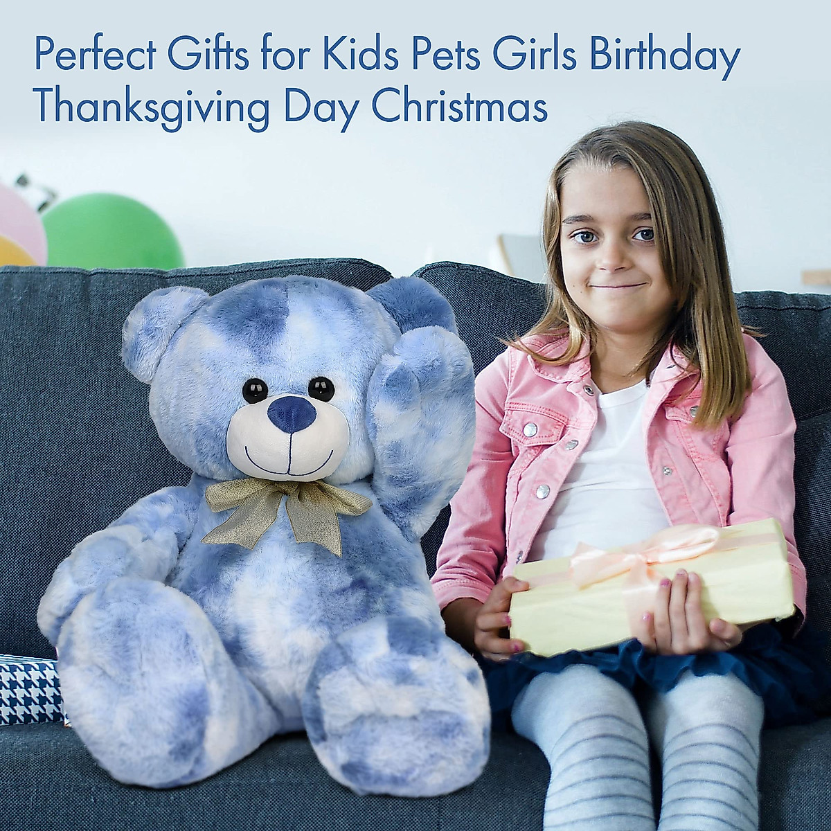 BenBen Teddy Bear Stuffed Animal, 23 inch Tie-Dye Stuffed Bear Plush Toy with Bow Tie, Blue and White, Cute Plushies Gifts, Easter Decorations