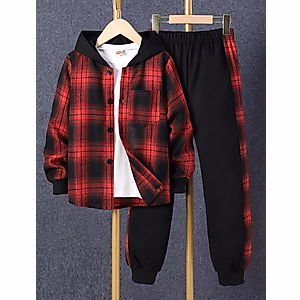 FERWANG Kids Toddler Boys 2 Piece Outfit Plaid Color Front Button Down Hoodie Sweatshirt and Jogger Sweatpants Sets