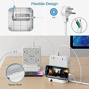Power Strip Tower Surge Protector, TESSAN 8 AC Outlets with 3 USB (1 USB C Port), 5 FT Flat Plug Extension Cord with 900 Joules Protection, Desk Charging Station for Home Office Supplies, Dorm Room