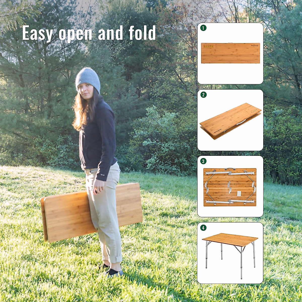 KingCamp Bamboo Folding Table Portable Camping Table Adjustable Height Camp Table 2-Folds for Travel, Picnic, Beach, Outdoor and Indoor, 4-6 People