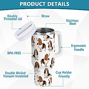 ZZXXB Basset Hound Dog Insulated Stainless Steel Water Bottle with Handle and Straw Lid Double Walled Travel Mug 40 oz