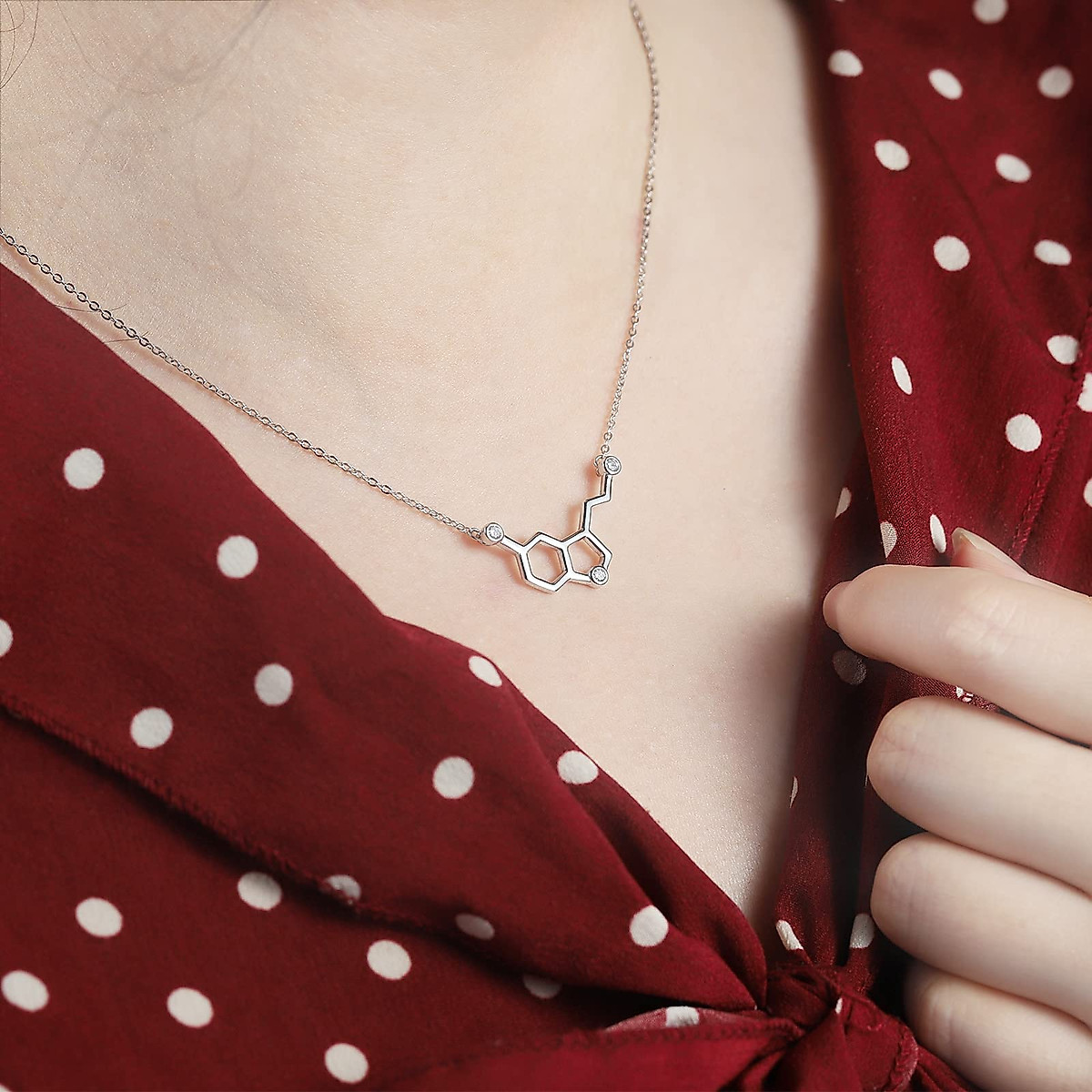 925-Sterling-Silver Hormone Serotonin-Molecule neckalce - Caffeine Molecule dopamine Pendent Necklace for Women,Teacher, Professor, Chemistry Graduates, Science Jewelry Lovers (White-Gold)