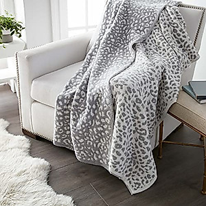 Crafted by Catherine Leopard Print Cozy Knit Throw Blanket 60" x 70" Inches, Soft Comfy Decorative Throw for Couch Bed Sofa Travel, Snow Leopard Ivory and Gray