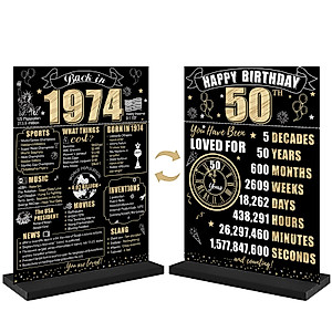 Eiurteao Black Gold 50th Birthday Decorations Back in 1974 Table Sign for Men Women, Two-sided Vintage 50 Birthday Wooden Poster with Stand Party Supplies, 50 Year Old Bday Display Holder Table Decor