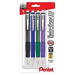 Pentel Twist Erase III Premium Mechanical Pencil 0.5mm 4 pack Assorted Barrels (1 each Black, Blue, Green, Violet)