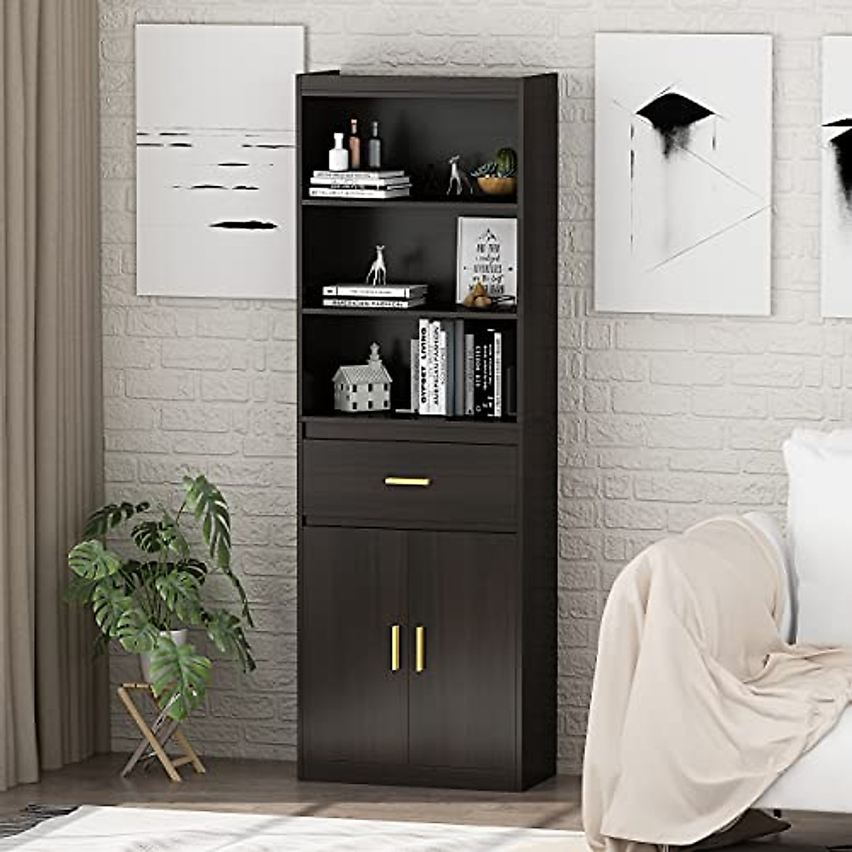 FUFU&GAGA Modern Bookcase Storage Cabinet, Tall Storage Wooden Bookshelf with 3 Tiers Shelf, 2 Doors & 1 Drawer for Home Office, Bedroom, Living Room, 23.6" W x 11.8" D x 70.8" H, Black-Brown
