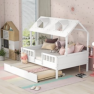 MERITLINE Full House Bed with Trundle, Wooden Platform Bed Frame with Roof, for Kids Teens Girls Boys - White