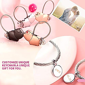 MILESI Custom Personalized Kiss Pig Couple Keychain with Magnetic Cute Couple Gift Valentine's Present(silver-lightgold)