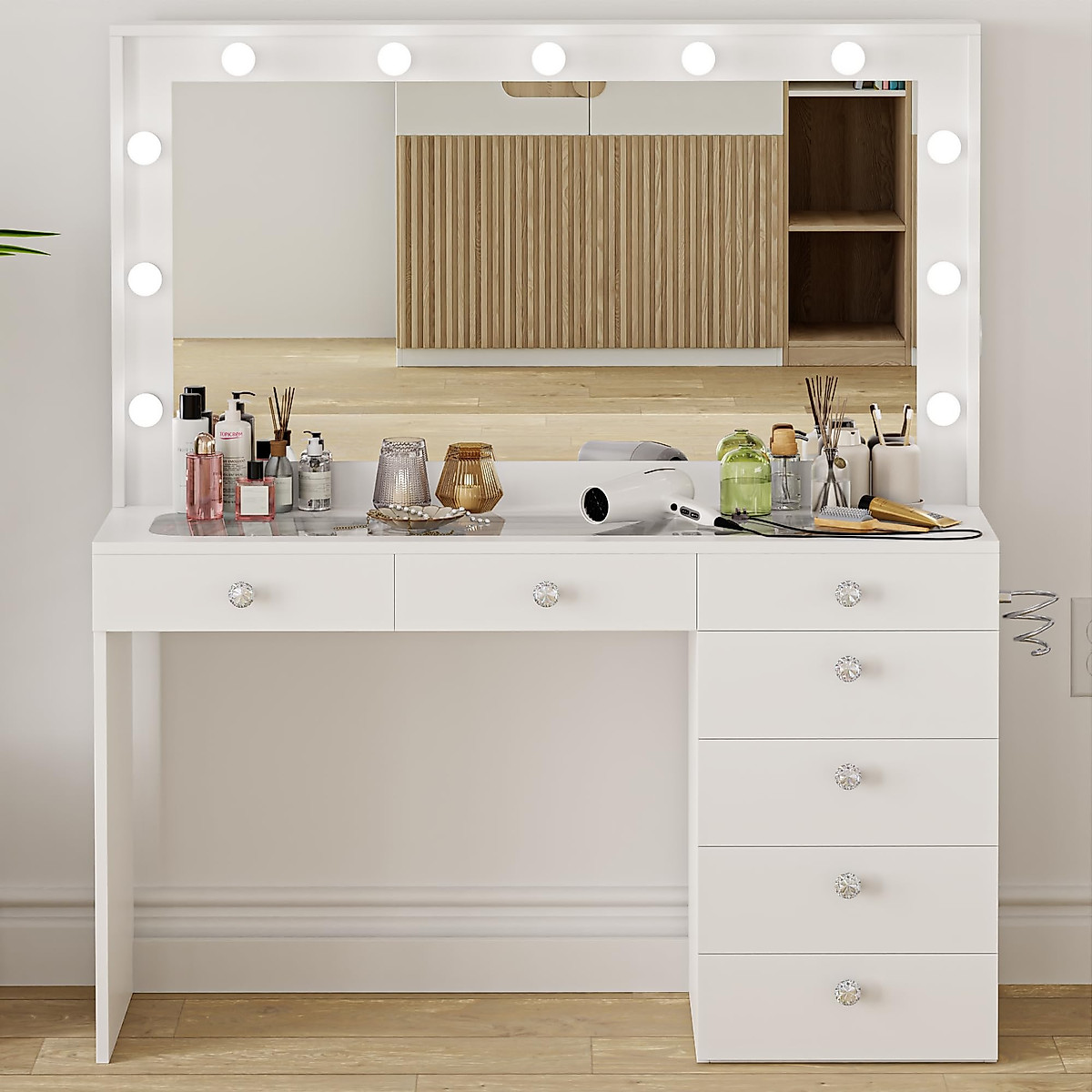 Boahaus Serena LARGE Makeup Vanity with Hollywood Lights Built-in, 7 Drawers, Hollywood Mirror, Hairdryer Hanger, Glass Top, Crystal Knobs, White Vanity Makeup Desk for Bedroom, 58'' Hx47''Wx17''D