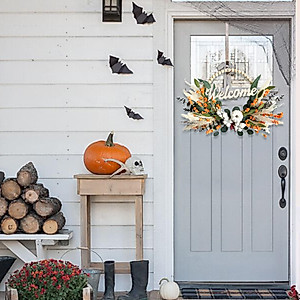 TEMPUS 16" Spring Wooden Bead Wreath Forsythia Pumpkin Wreath with Welcome Sign for Front Door Decorations Farmhouse Decorations