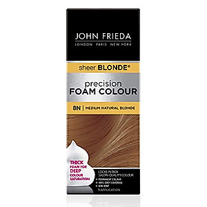 John Frieda Precision Foam Colour, Medium Natural Blonde 8N, Full-Coverage Hair Color Kit, Anti-Fade Gray Coverage, Deep Color Saturation Hair Dye, 1 Application