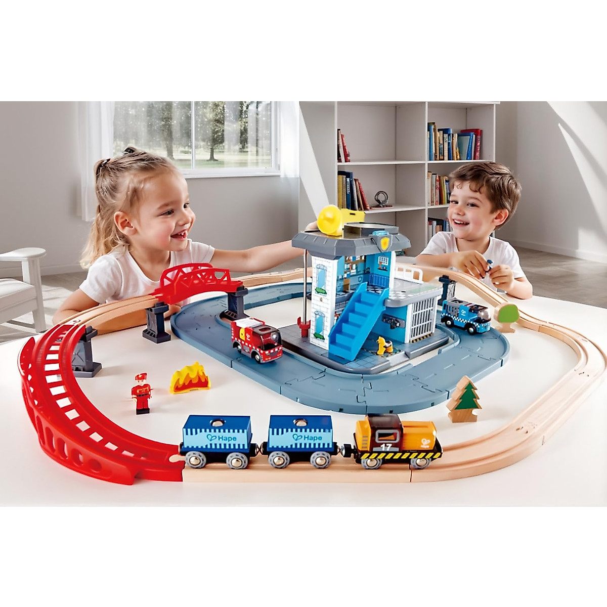 Hape Fire Truck with Siren | 2-Piece Fire Truck, Fireman Toy Set